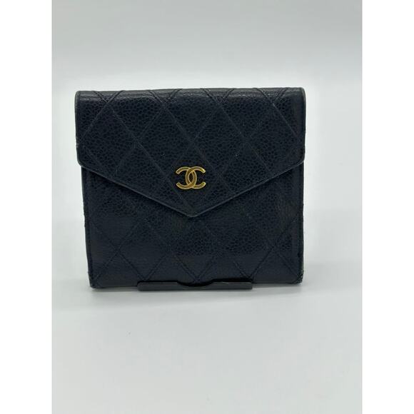 CHANEL | Bags | Chanel Compact Black Wallet Caviar Leather Gold Tone Cc ...